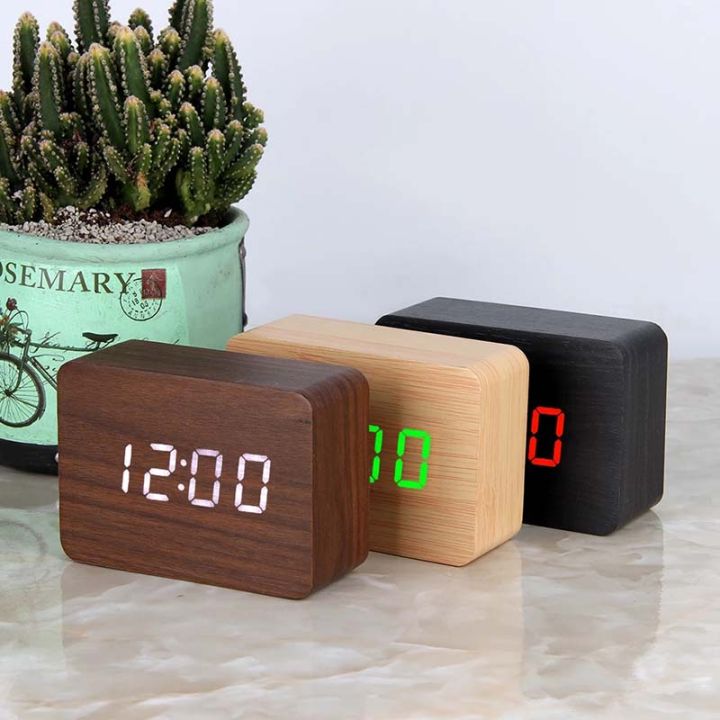 LED Wooden Alarm Watch Table Voice Control Digital Wood Despertador USB ...
