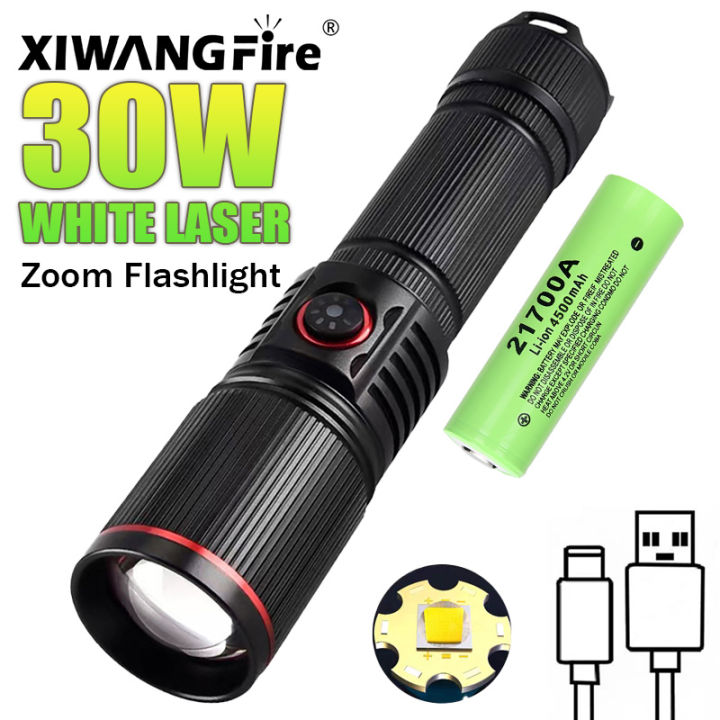 30W White Laser LED Flashlight Zoom Torch USB Rechargeable Light ...