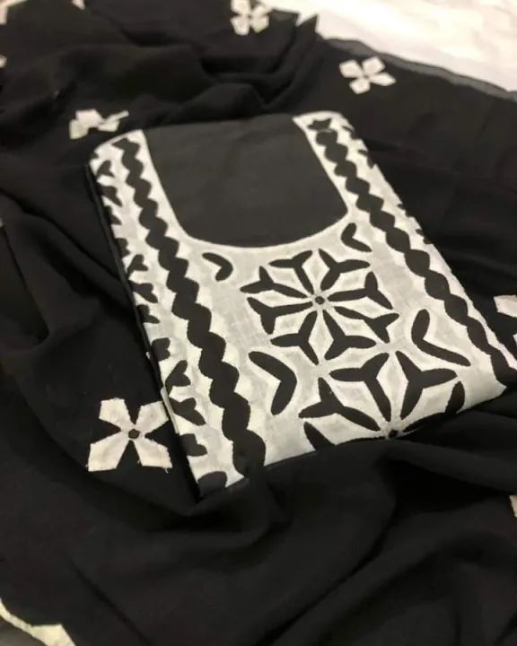 Black Handmade Sindhi Applique 3 Piece Suit for Women & Girls/ Lawn Handmade Applic Dress ...