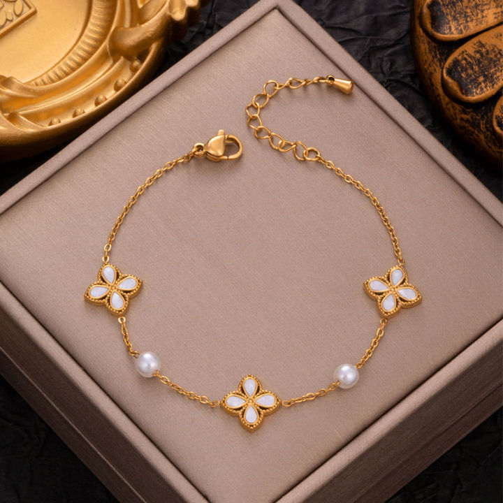 316L Stainless Steel Exquisite Pearl Four Leaf Clover Bracelet for ...