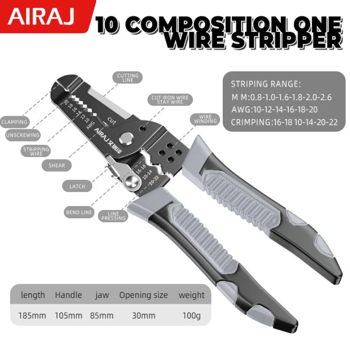AIRAJ Wire Stripper Tools 10 In 1 Multitool Plier Crimper Cable Cutter Multifunctional Stripping ...