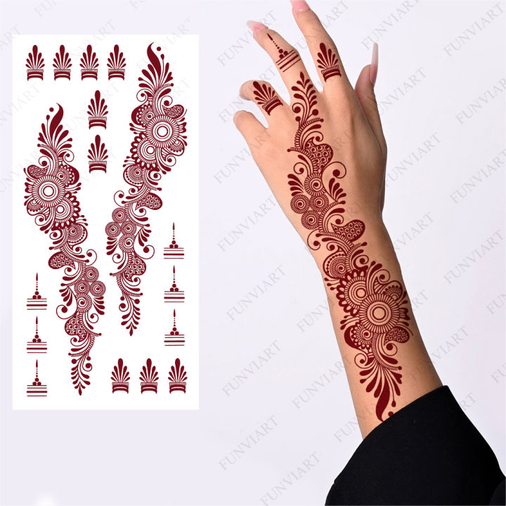 Waterproof Large Size Maroon Henna Tattoo Sticker for Women Flower ...