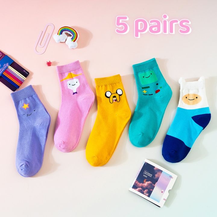 5 Pairs/Set Cartoon Funny Cute Patterned Women Socks Ins Candy Coloured ...