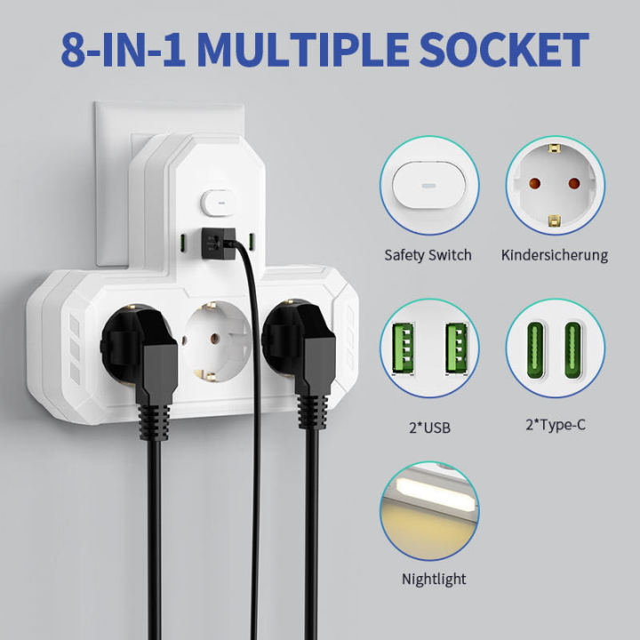 EU AC Plug Power Strip 3 sockets 2USB and 2Type-C port Wall Mounted ...