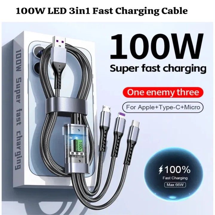 100W 3 In 1 Fast Charging Cable Nylon Universal Multi Charger Cable USB ...