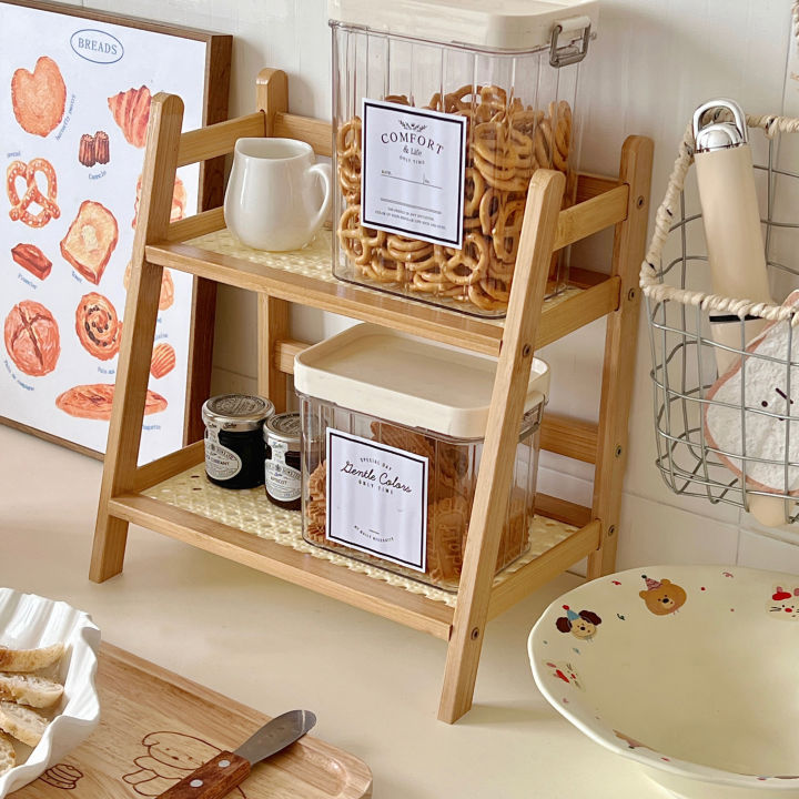 Wooden Storage Shelf 2-Tier Rattan Desktop Stand Organizer Trapezoidal ...
