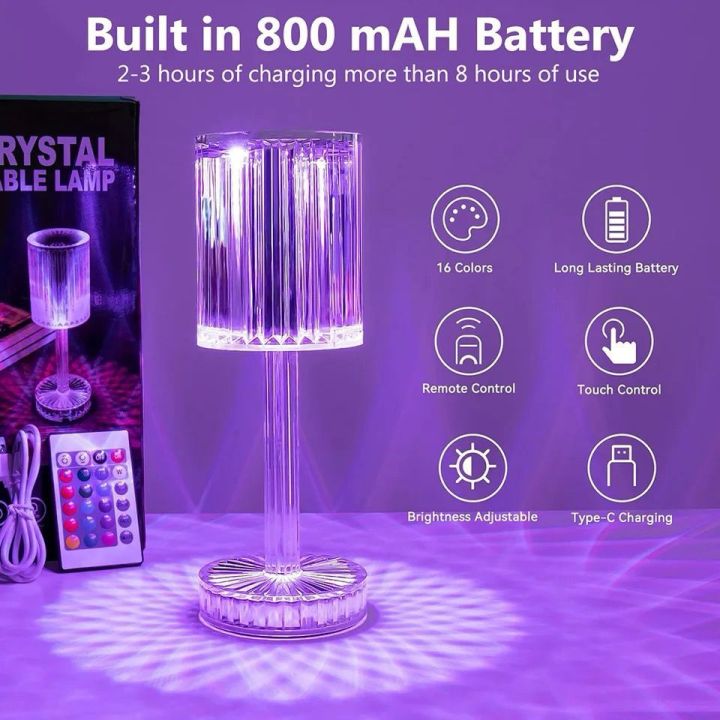 Rechargeable 3D Diamond Crystal Table Lamp Touch RGB Color Changing ...