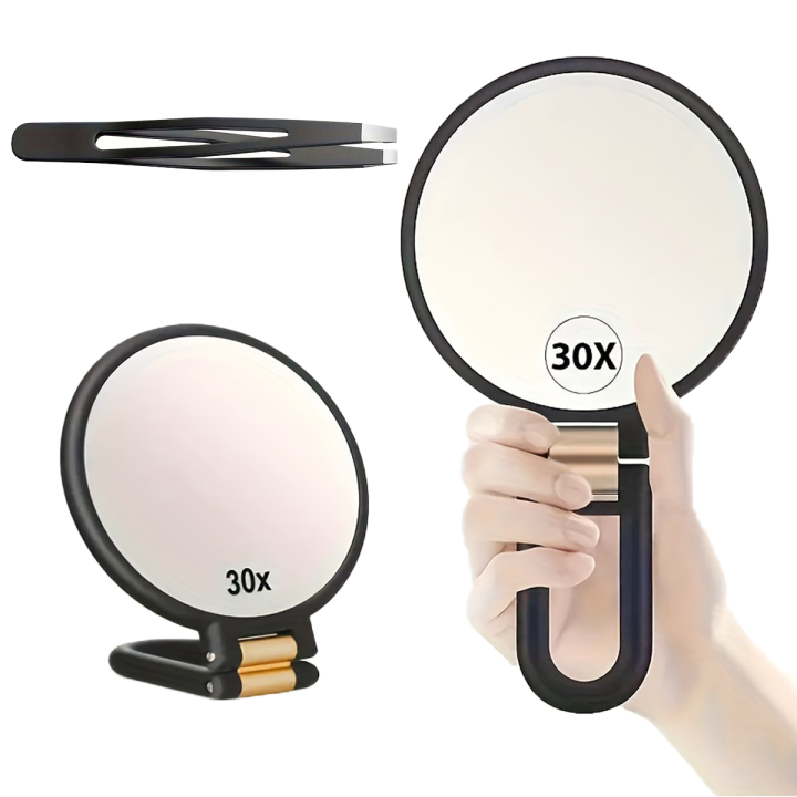 30X Magnifying Hand Held Mirror with Tweezers, Double Side Folding Hand ...