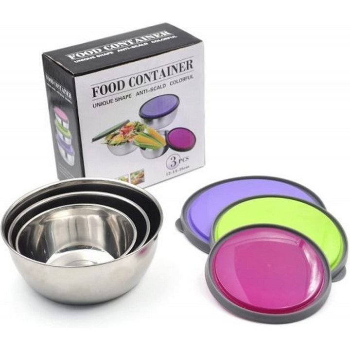 STAINLESS STEEL FOOD CONTAINERS 3 PC FOOD STORAGE BOX SET WITH RUBBER ...