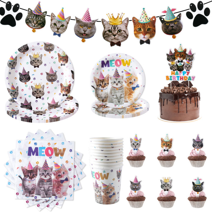 Pet Cats Birthday Party Decoration Paper Banner Plate Cup Cake Topper Disposable Tableware Set ...