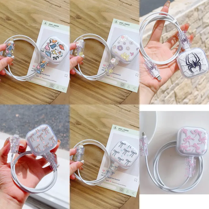 3-piece set Pink Bow Set Cable Protector for iPhone 20W UK HK Plug ...