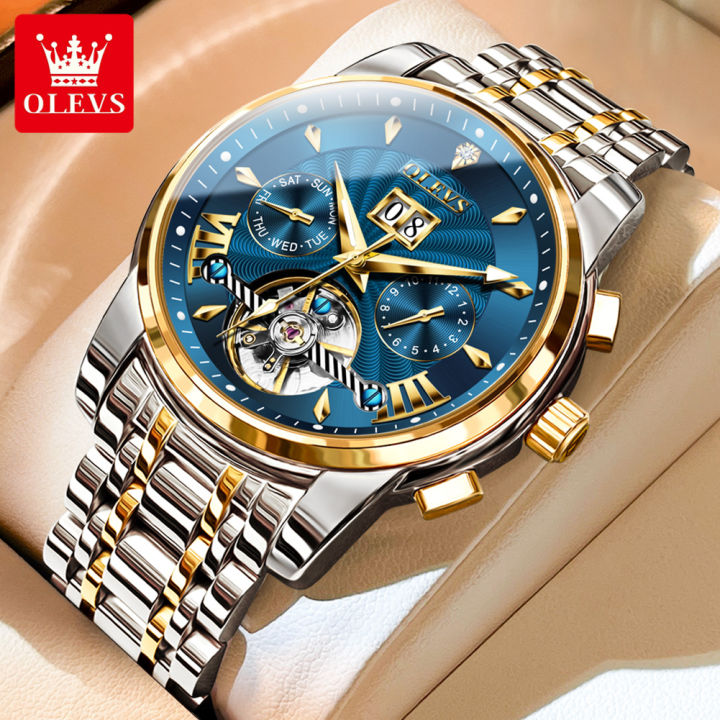 OLEVS Automatic Watch for Men Top Original Luxury Skeleton Flywheel ...