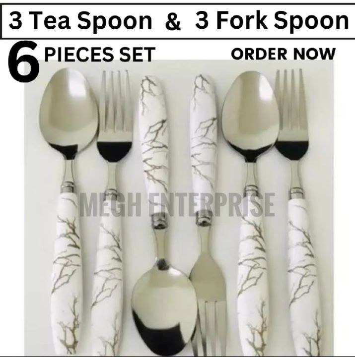 Stainless Steel Tea Spoon And Fork Spoon Set - (Pack of 6) With Ceramic Design Plastic Handel (6 ...