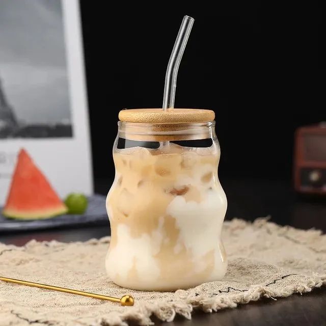 Juice Glass Tumbler Can Lid Ribbed Square Glass Mug 500Ml with Straw, Mason Jars With Cover, Mug ...