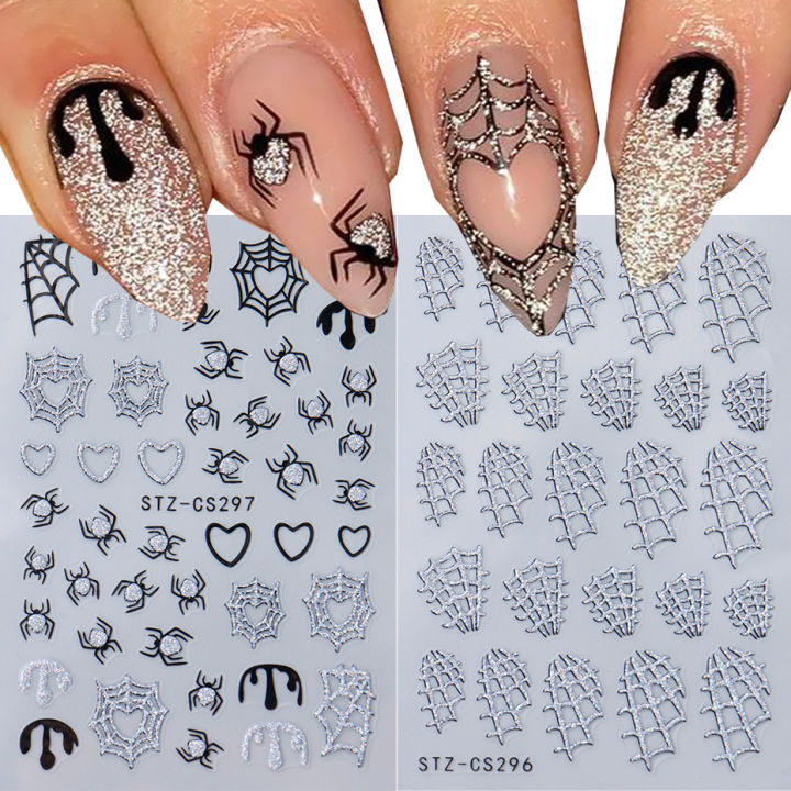 Spider Web Silver Glitter Nail Art Stickers Decals Self-Adhesive Spider ...