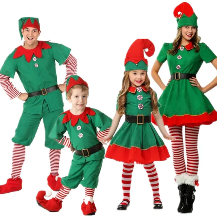 2025 New Year Christmas Elf Green Costumes For Children and Adults ...