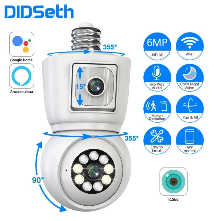 DIDSeth 6MP E27 Light Dual Lens IP Camera Full Color Night Vision ...