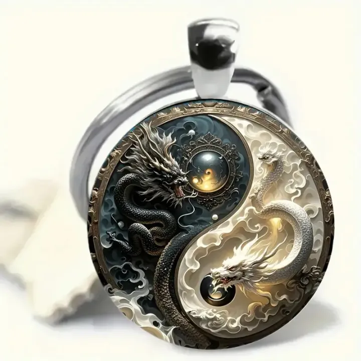 Yin Yang Dragon Keychain Fashion Alloy Pendant Black White Dragon ...