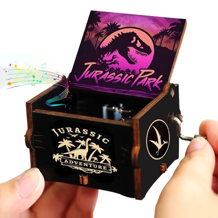 NEW Antique carved Wooden Hand Crank Jurassic Park Music Box Action Toy ...