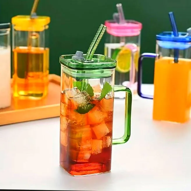 Square Glass mug with Lid & Straw — 400ml Perfect for iced coffee ...