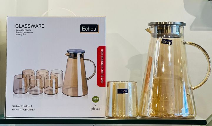 Fancy water set 7 pcs 1 jug with 6 glass golden color | Daraz.pk