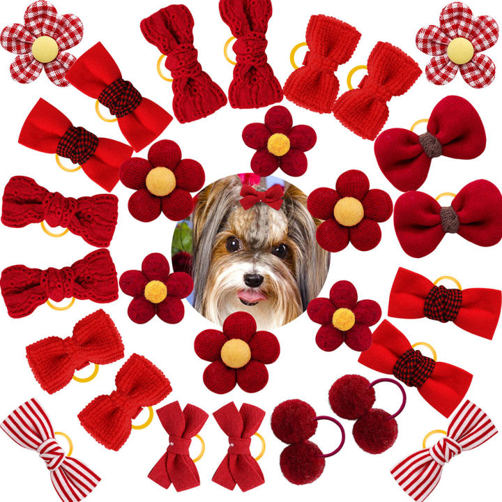 10PCS Dog Bows Cotton Red Series Pet Dogs Hair Bows for Rubber Bands ...