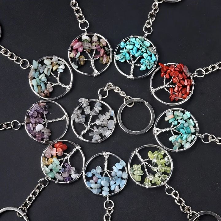 1pc Natural Crystal Semi-treasure Stone, Tree Of Life Keychain Raw ...