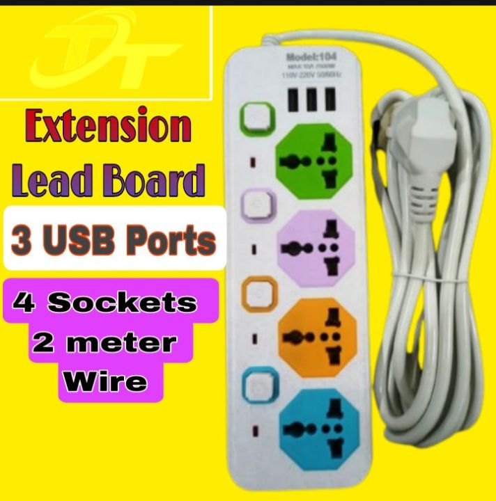 4 way power Strip/Extension Lead Board with 3 USB Ports and 4 Sockets ...
