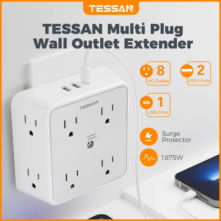TESSAN Multi Outlet Splitter with 8 AC Outlets & 3 USB Ports 11 in 1 ...