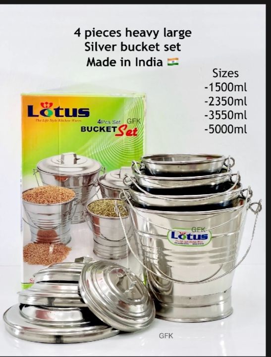4 Pcs Stainless Steel Mudi Bucket Set with Lid 4 Pieces Silver Bucket ...