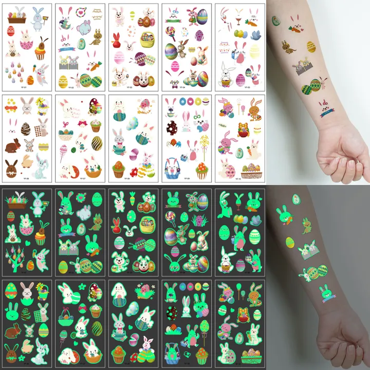 10Pcs Set Luminous Temporary Tattoo, Easter Day Cartoon Rabbit And ...