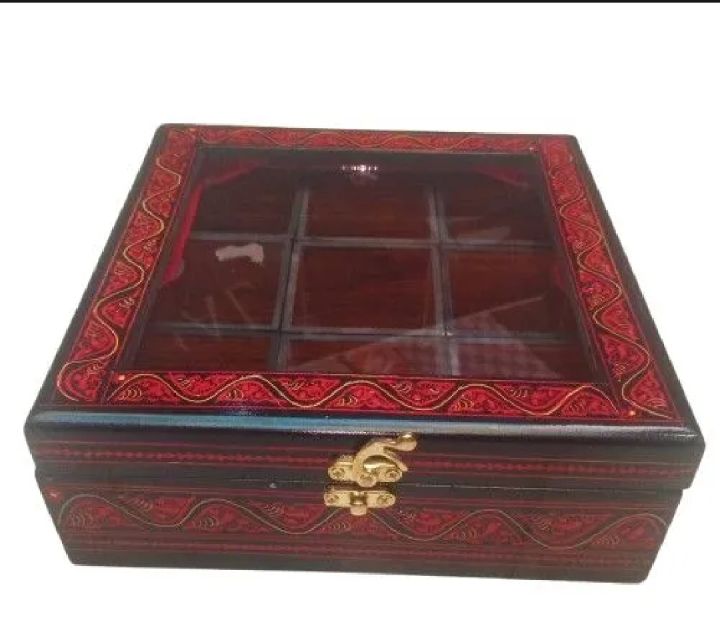 Naqshi Art Hand-Painted Wooden Spice Box 10x10 | Multi-Section Wooden ...