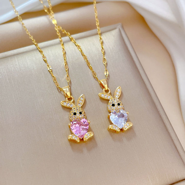Stainless Steel Bunny Rabbit Necklace Set Cute Pink CZ Heart Stone ...