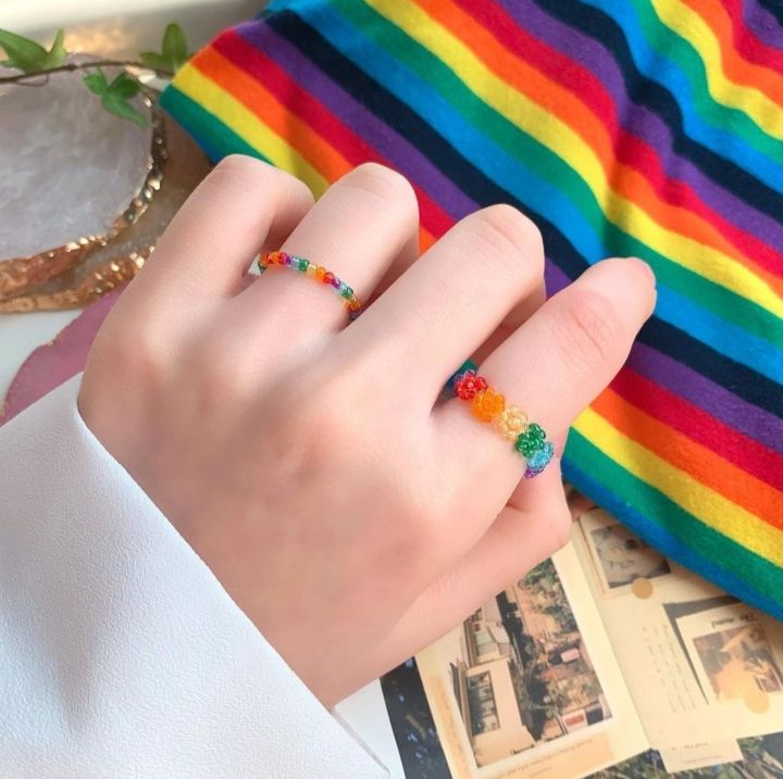 Korean Aesthetic rainbow colours many daisy flower beaded finger rings ...