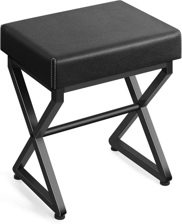 Black Vanity Stool, PU Leather Ottoman Stool Chair for Vanity, Metal X ...