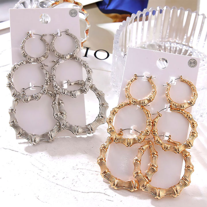 FNIO Statement Gold Color Big Bamboo Circle Hoop Earrings For Women Hip ...