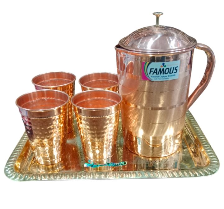 Copper Jug Set | Jug & Glass With Tray Set 6 Piece Set of Pure Copper ...