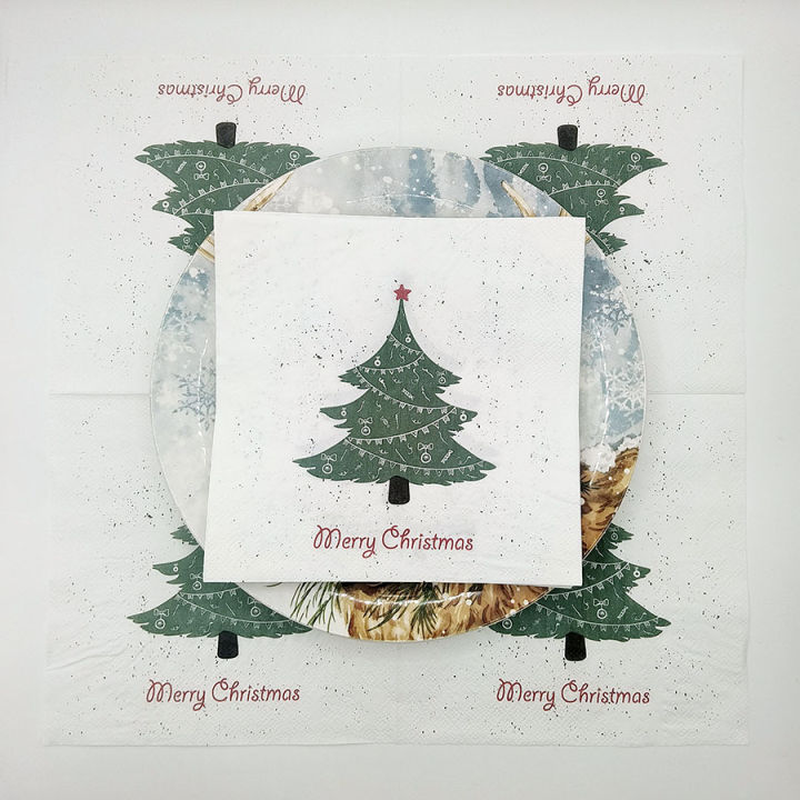 20pcs White Christmas Napkins with Green Tree, Red Star & Merry ...