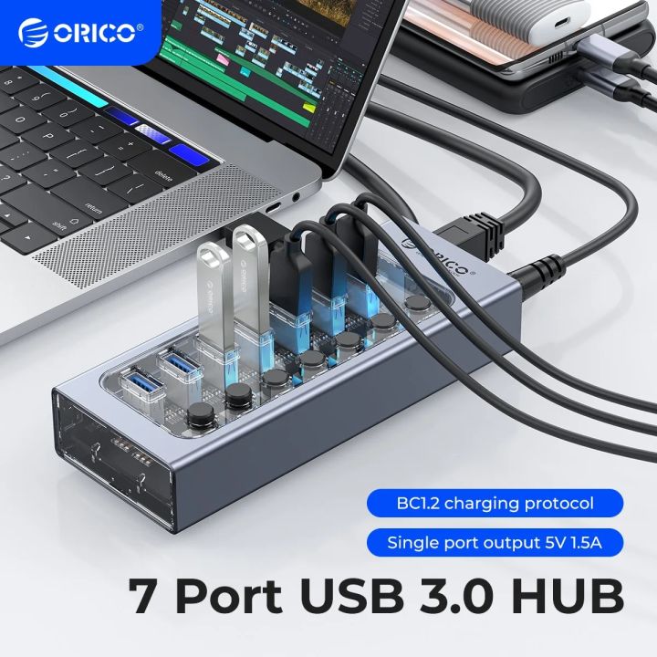 ORICO USB3.0 Hub Aluminum Industrial 7-Port Splitter Split Switch with ...