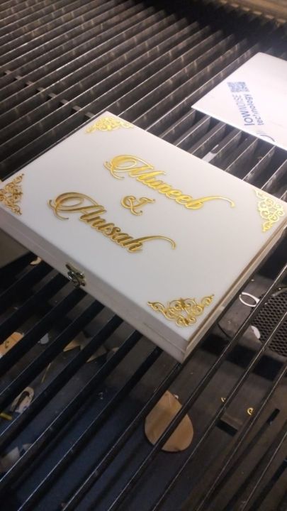 acrylic box white with bride and groom name in golden colour 11 inch x ...