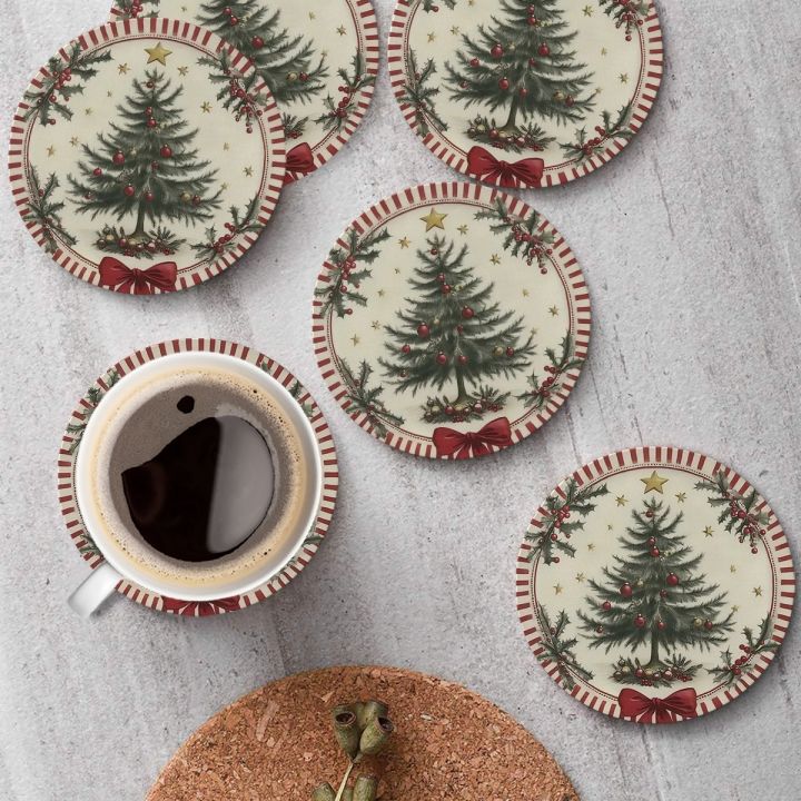 2D 4in Red Striped Christmas Wreath Tree round Wooden Coasters Heat ...