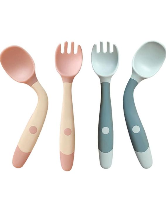 Baby Spoon and Fork Set for Self-Feeding Learning Bendable Handle Silverware for Kid Children ...