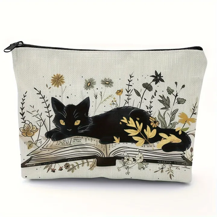 1pc Casual Style Black Cat &Book Print Makeup Pouch with Large Capacity ...