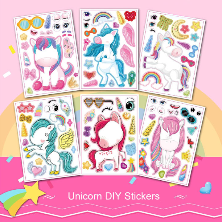 6 Sheets/Set Cartoon Unicorn Make A Face Assemble DIY Sticker Children ...