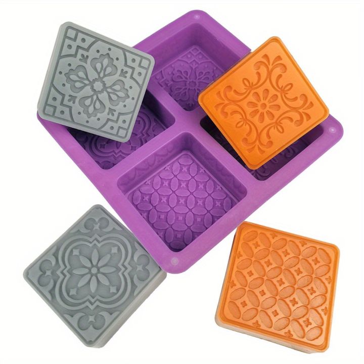 4-Cavity Square Soap Mold with Floral Designs - Silicone Soap Making ...