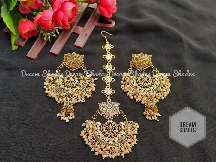 Gorgeous party wear antique pearl beads earrings & tikly set for girls ...