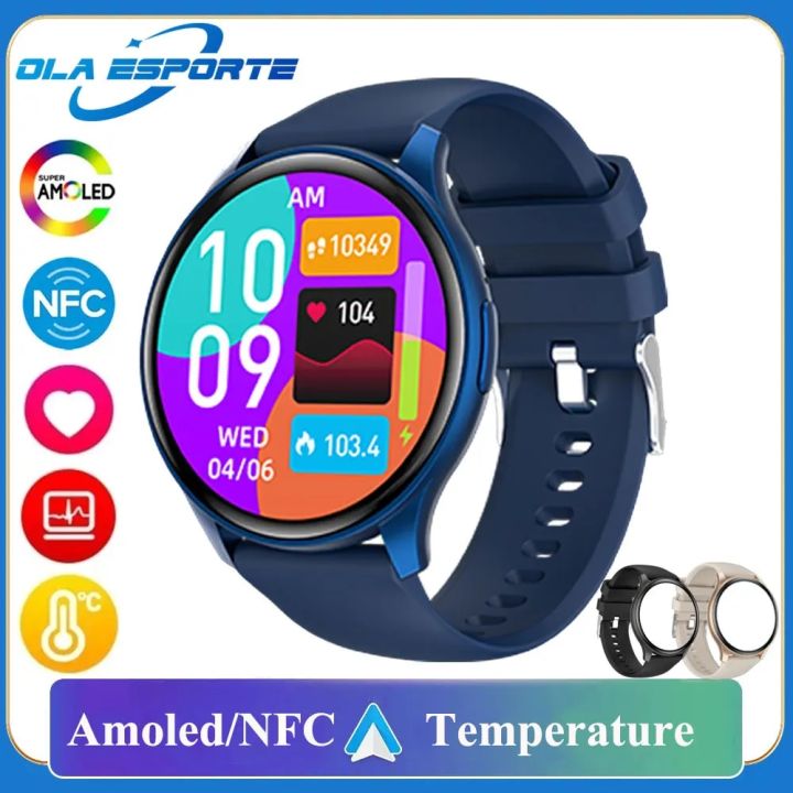 New NFC AMOLED Smartwatch Men Women Thermometer BT Wireless Call Voice ...