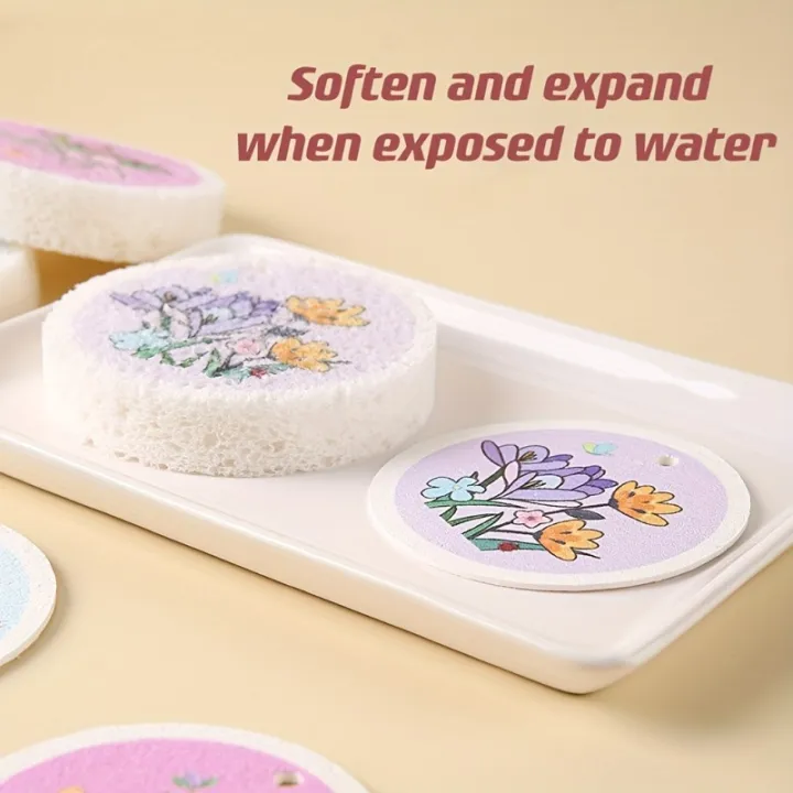Circular Compressed Wood Pulp Cotton Dishwashing Cloth, Flower Sponge ...