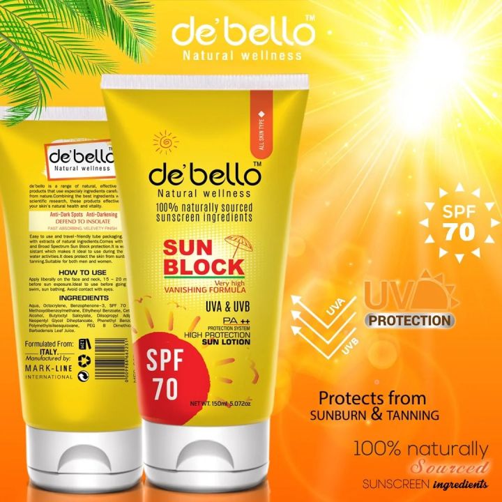 Debello UV Protection SPF 70 Sunblock 150ml | Daraz.pk