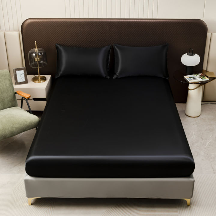 1Pc Satin Fitted Sheet Solid Colour Twin Full Queen Ice Silk Mattress ...